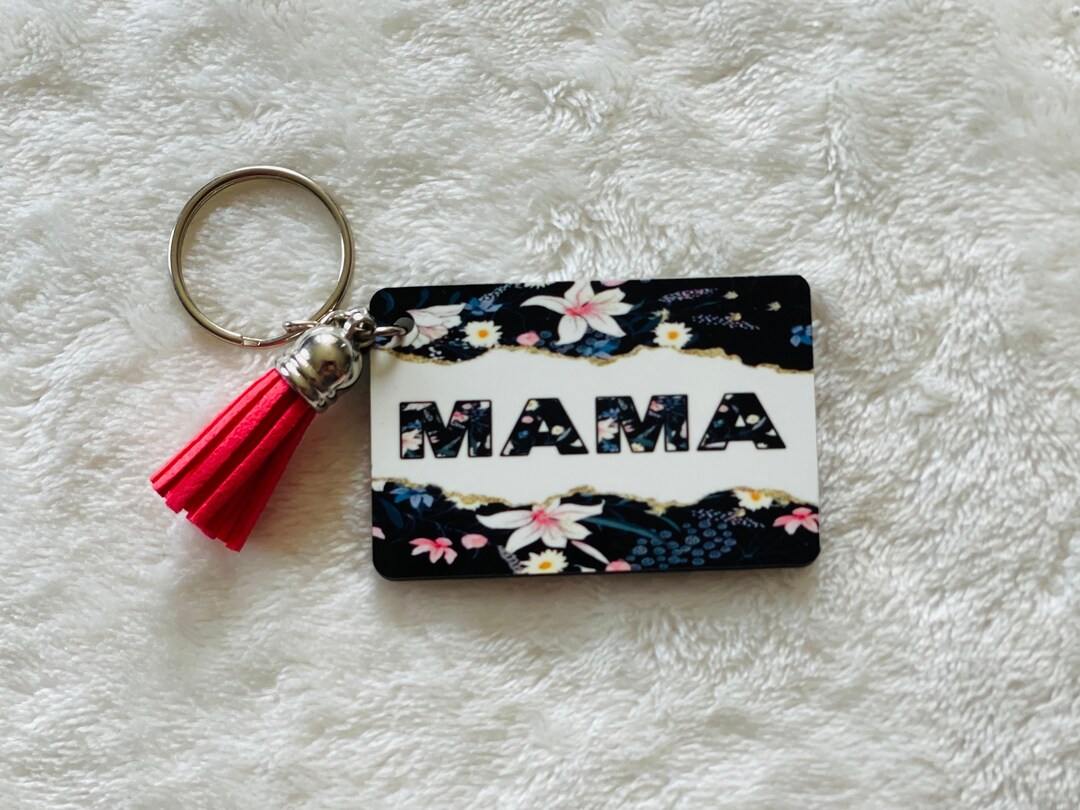 Mama Keychain With Black Background and Colorful Flowers and Red Tassel ...