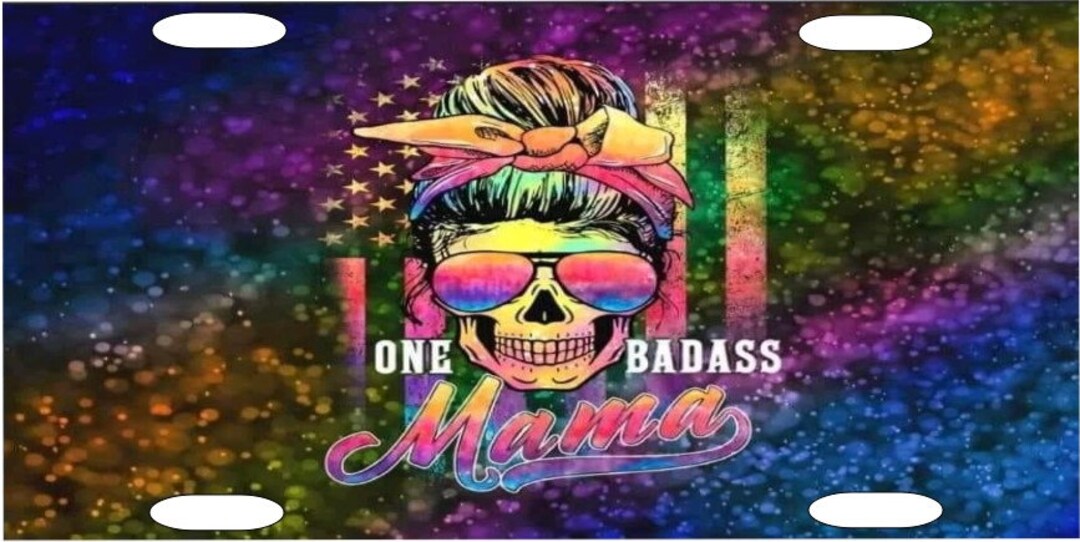 One Badass Mama Skull With Bun and Bandana License Plate. Colorful ...