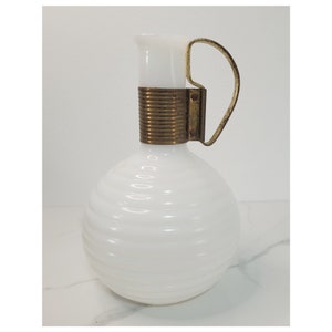 Vintage Milk Glass Jug Metal Handle, Starline Rodney Kent, Ribbed Milk ...