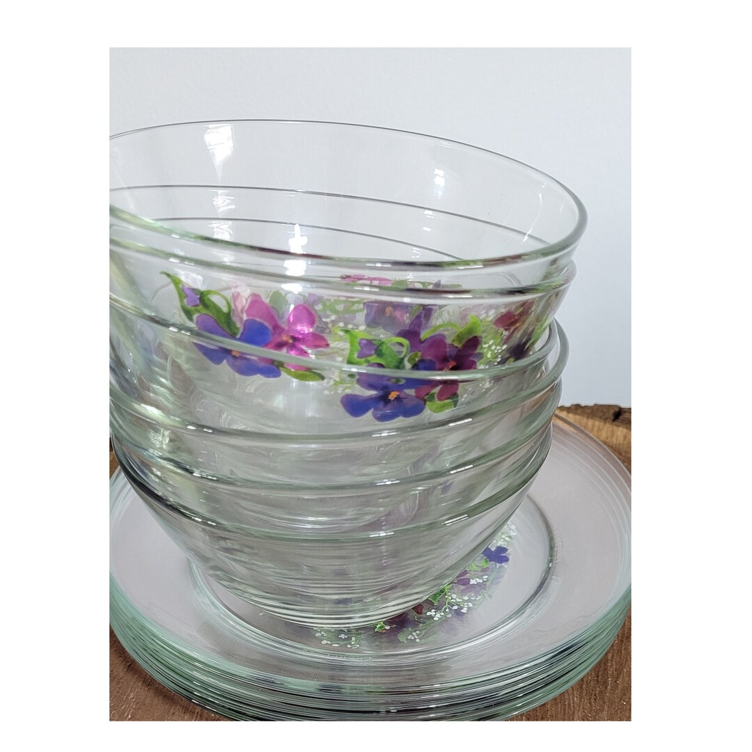 Wild Violets Painted Clear Glass, Choice 6 Plates or 6 Bowls, Signed J ...