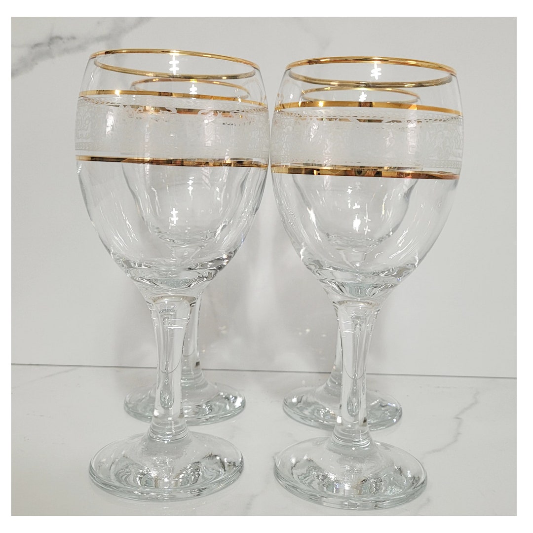Gold Paloma Crystal Stemware 24kts Gold Band and Etched Design Water Goblets, Set of Four ...