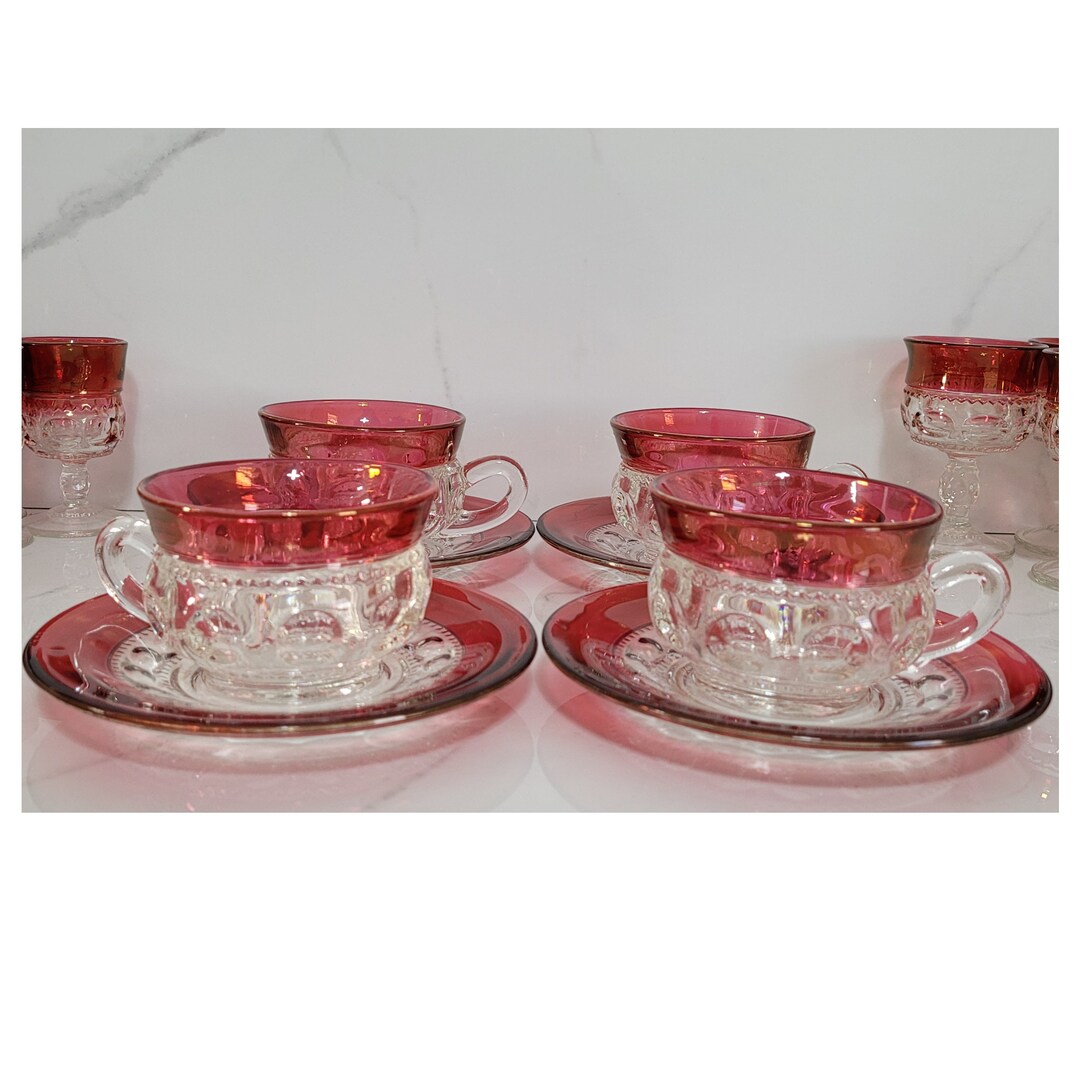 King's Crown Cup and Saucers, Set of Four, Ruby Flash and Thumbprint ...