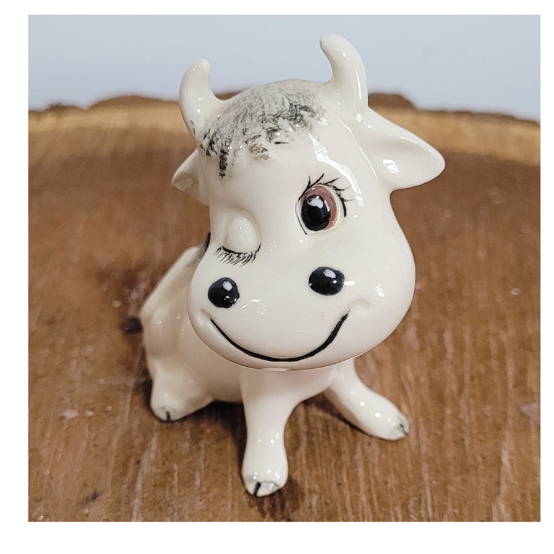 Vintage Seated Winking Anthropomorphic Cow, Small White and Black ...
