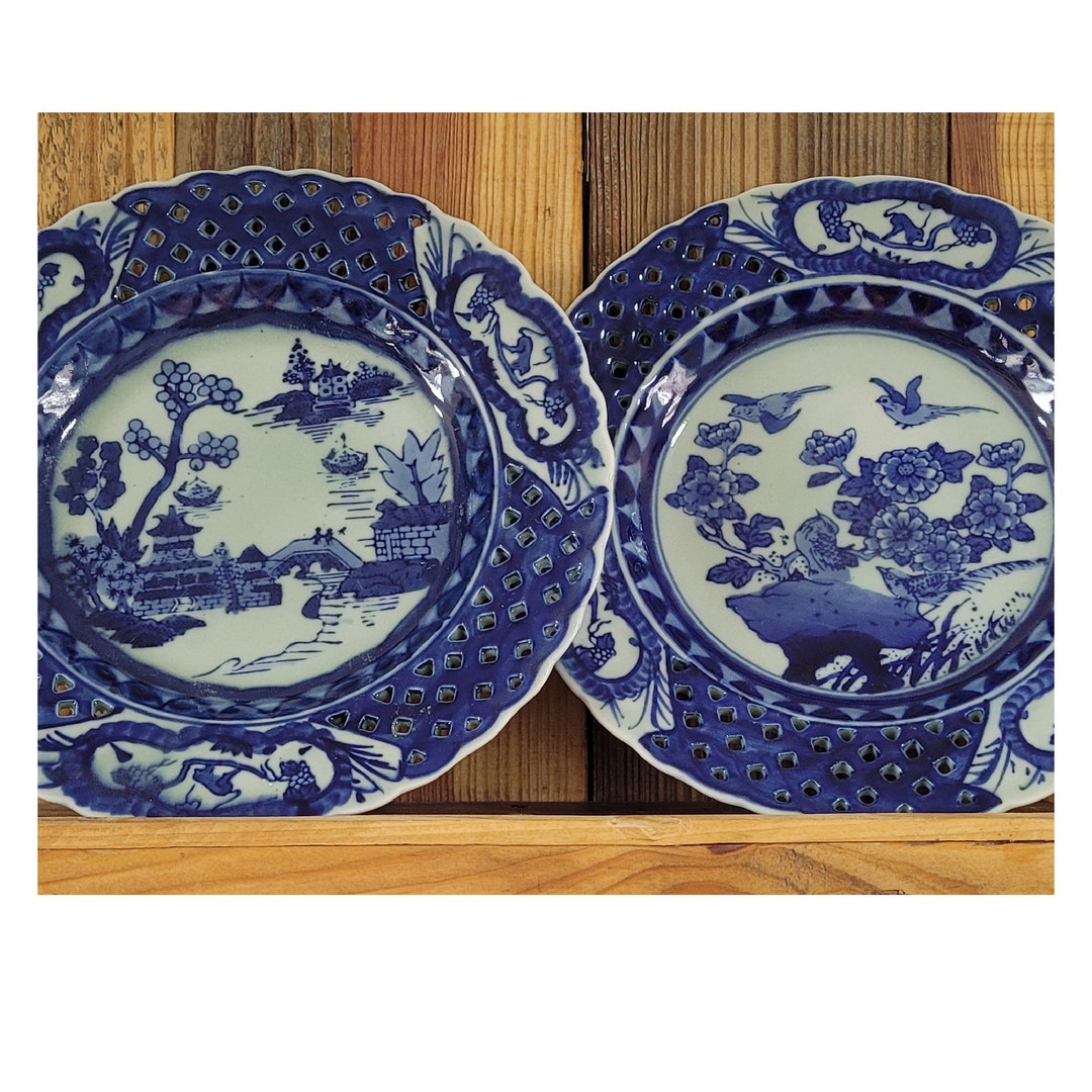 Antique Celadon and Blue Chinese Plates, Scalloped Rim, Reticulated ...