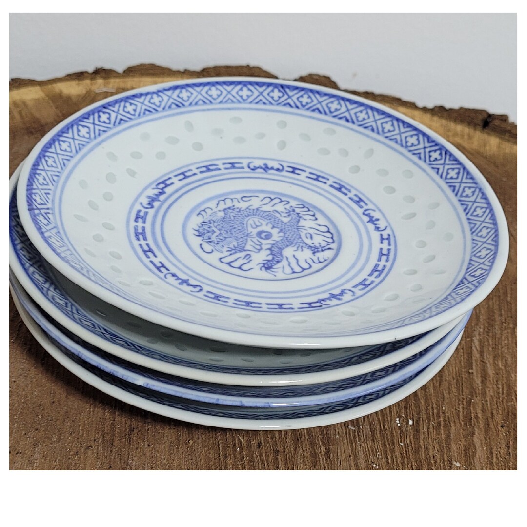Vintage Imperial Dragon Rice Grain White and Blue Saucers Made - Etsy