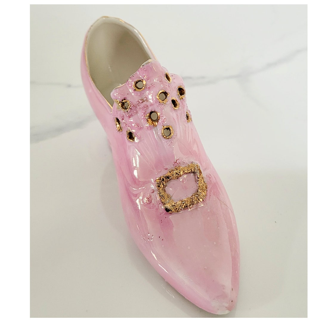 Vintage Pink Porcelain Shoe With Gold Buckle and Accents, Vintage Shoe ...