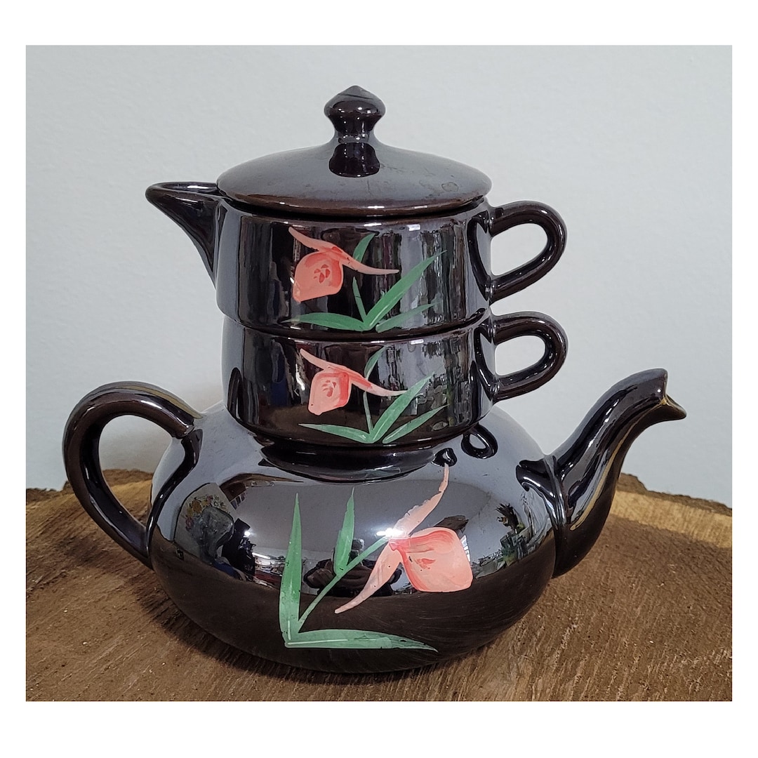 Vintage Stacking Tea Pot, Creamer, Sugar, Brown Betty Features Pink ...
