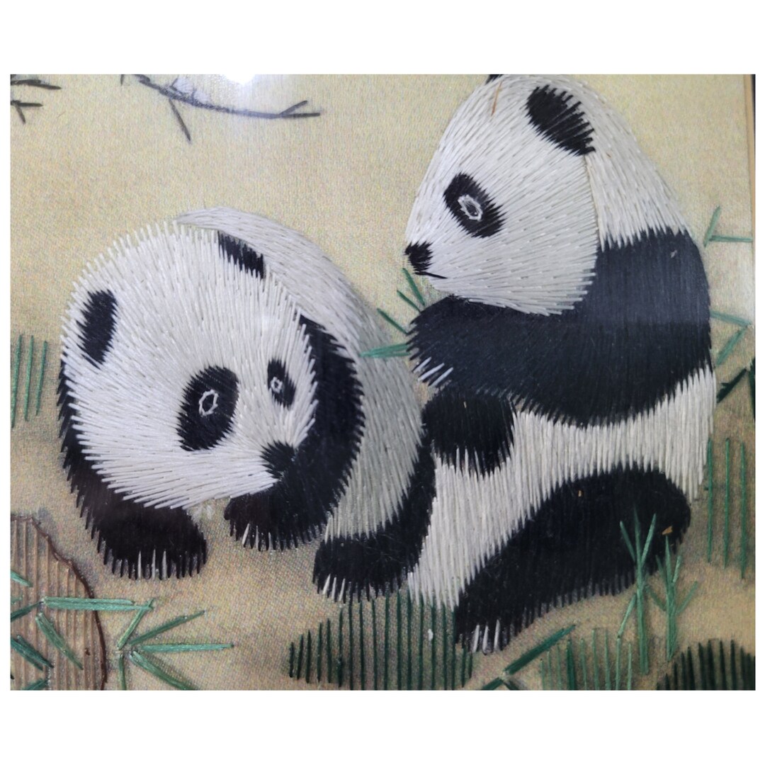 Vintage Silk Embroidered Panda Art, Framed Panda Art, Silk Panda Art ...