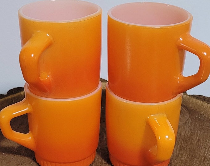 Orange Ombre Fire King Mugs Set of 4, Anchor Hocking Orange Mugs ...