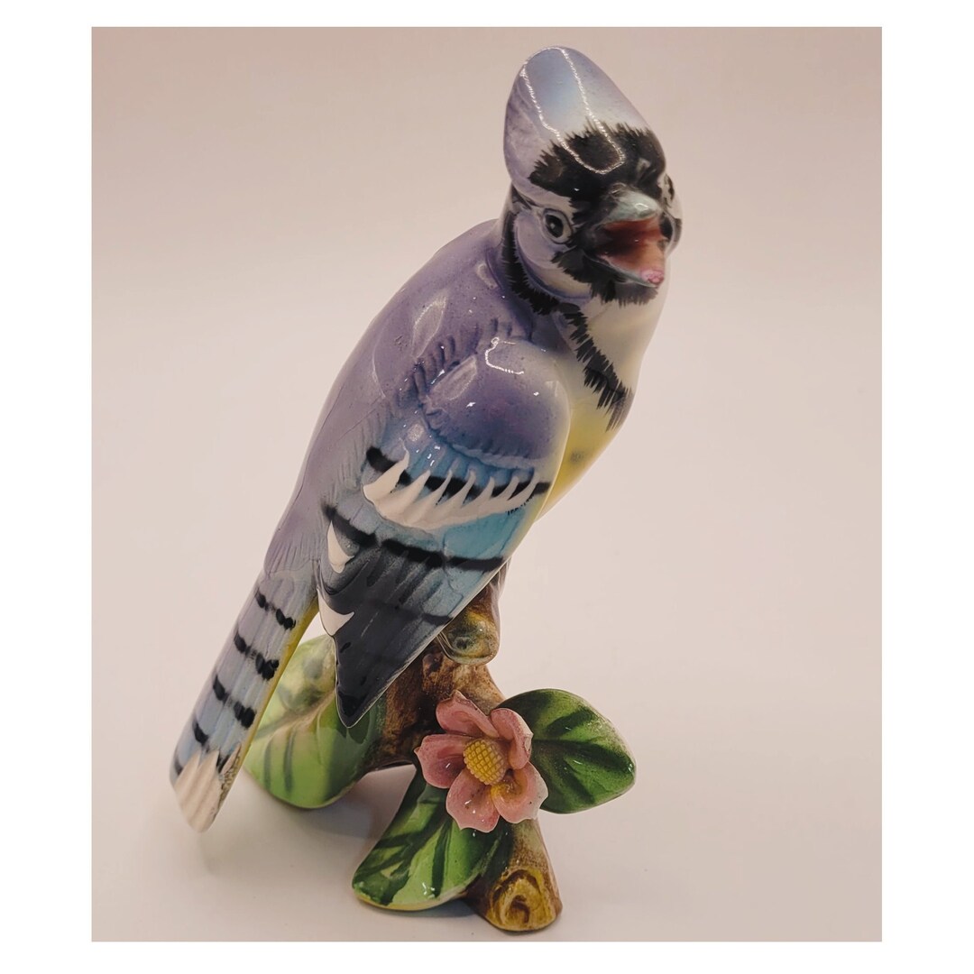 Vintage Porcelain Blue Jay Figurine, Blue Jay Perched on Branch, 1950s ...