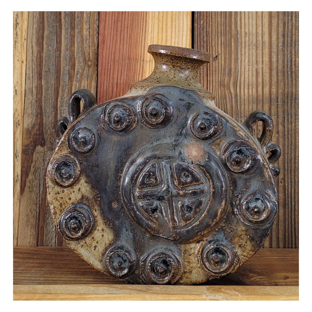 Vintage Stoneware Pilgrim Flask, Water Vessel Pottery, Rustic Multitone ...