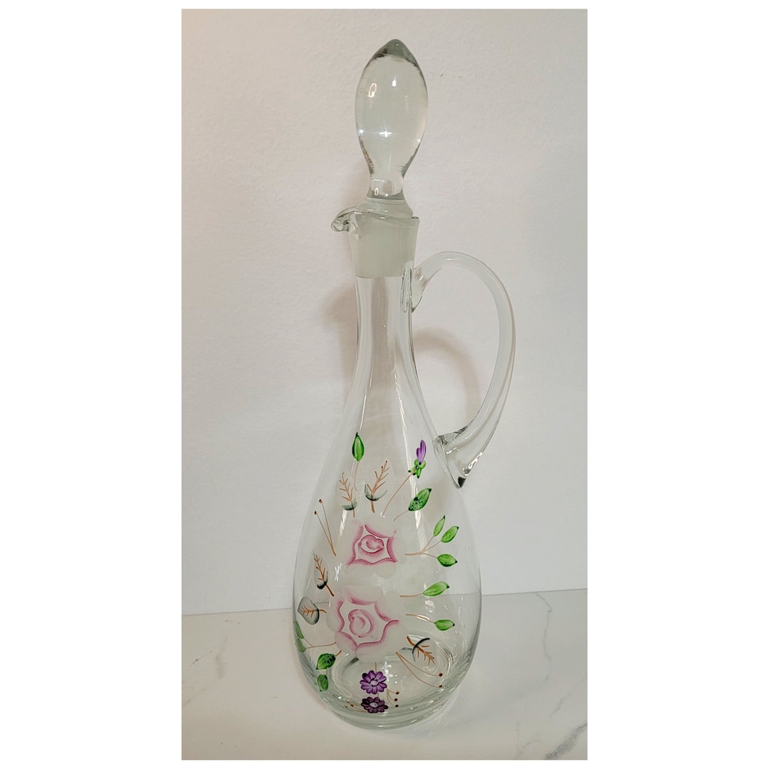 Tall Glass Pitcher Decanter Hand Painted Floral Design - Etsy