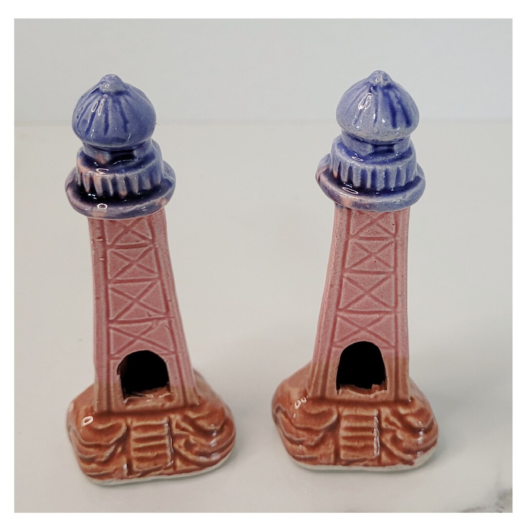 Pair Ceramic Vintage Lighthouses Pink and Blue, Coastal Decor ...