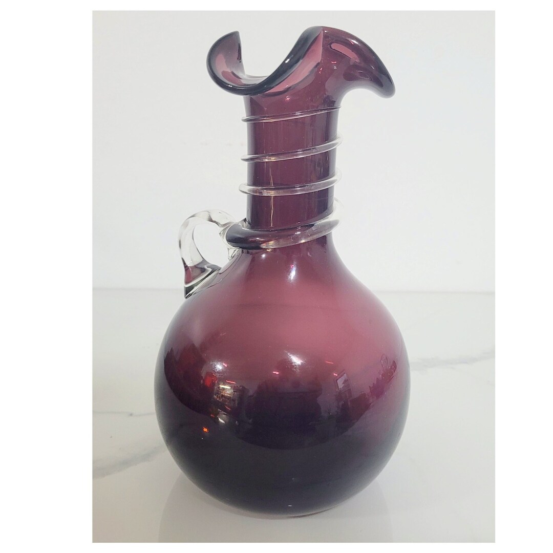 Vintage Blown Glass Purple Pitcher, Amethyst Glass Pitcher With Clear ...