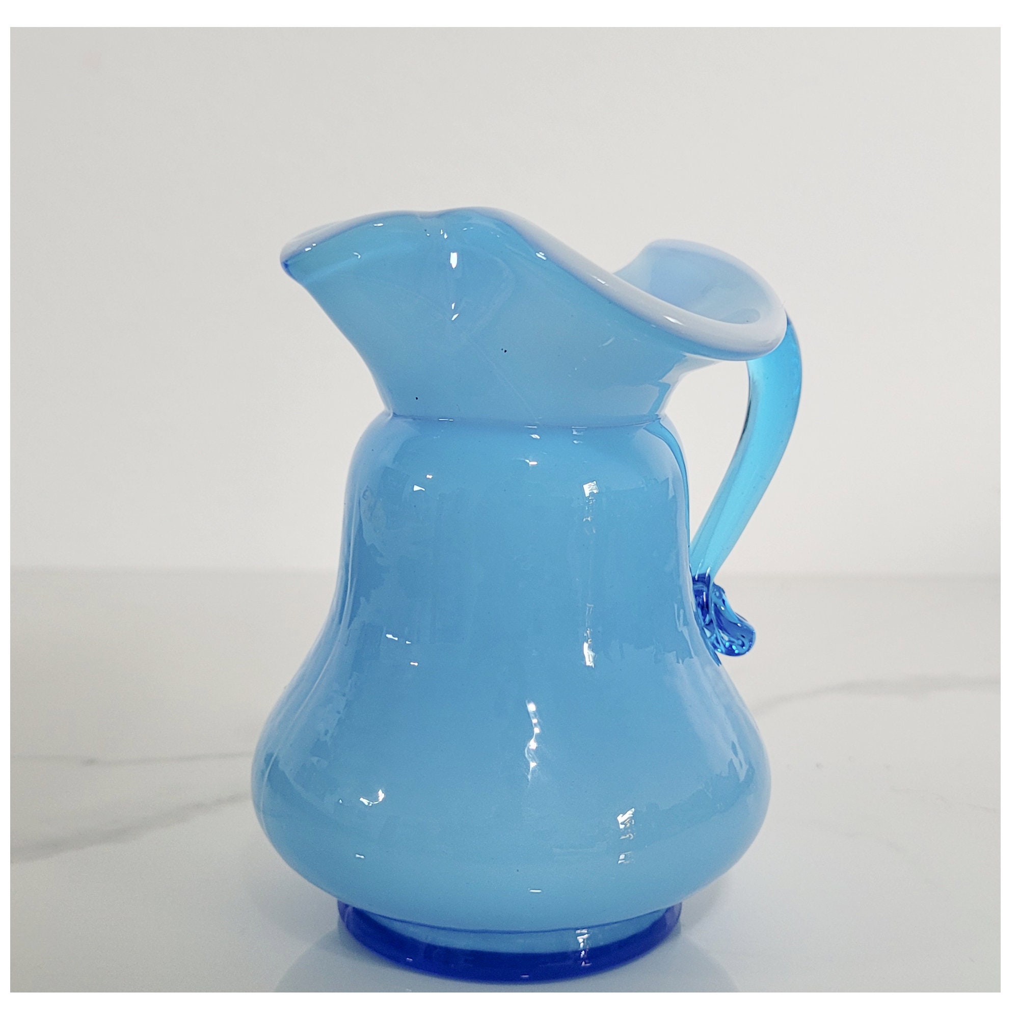 Blue and White Cased Glass Pitcher Small Blue Glass Pitcher - Etsy