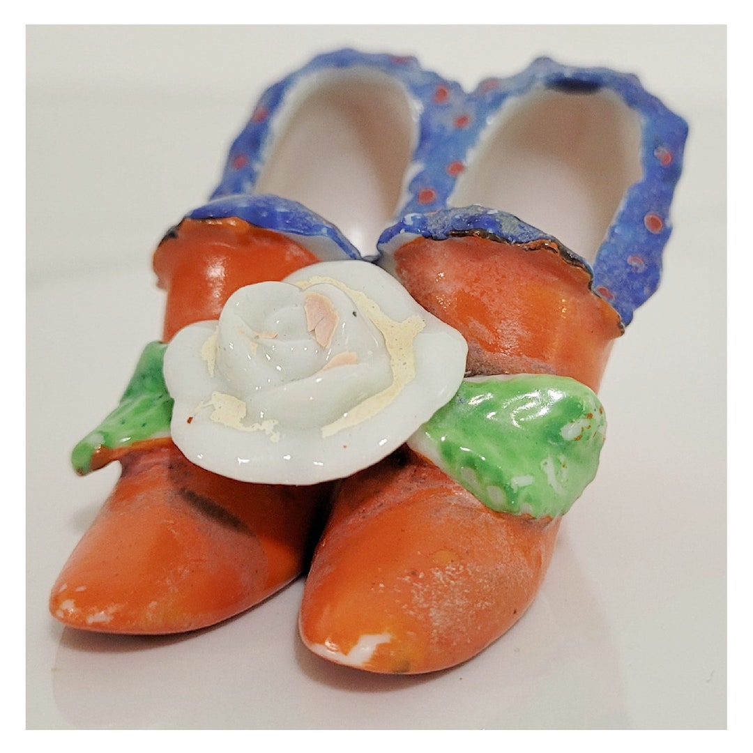 Vintage Porcelain Shoe Figurine, Orange Heels With Blue Trim Shoe Pair ...