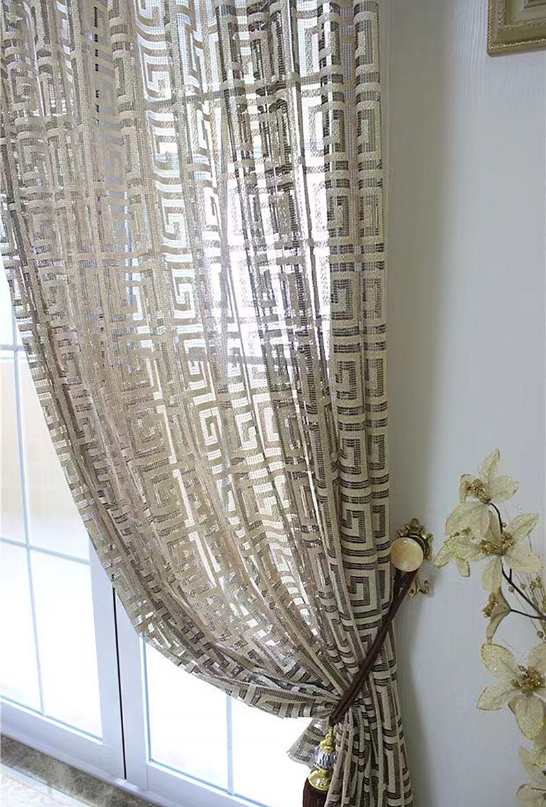 Pair of Light Gold Greek Key Pattern Crochet Sheer Curtains - Etsy