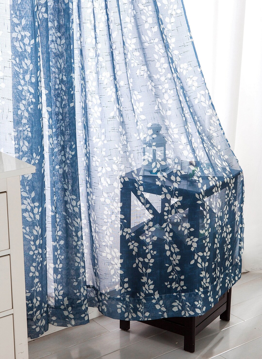 Pair of Blue Leaf Sheer Curtain Leaves Pattern Sheer Curtain Panels ...