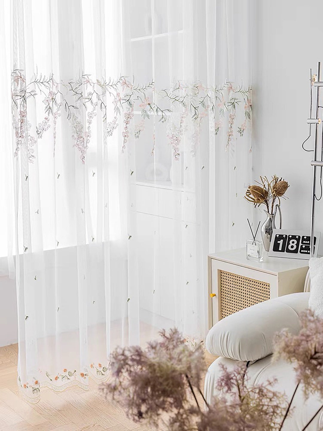 Pair of Pink Flower Embroidery Sheer Curtain semi Sheer Window Curtain ...