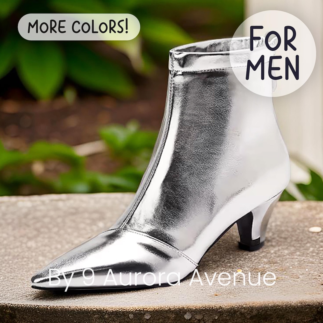 Metallic Silver Gold Ankle Length Boots for Men With Pointed Toe Kitten ...