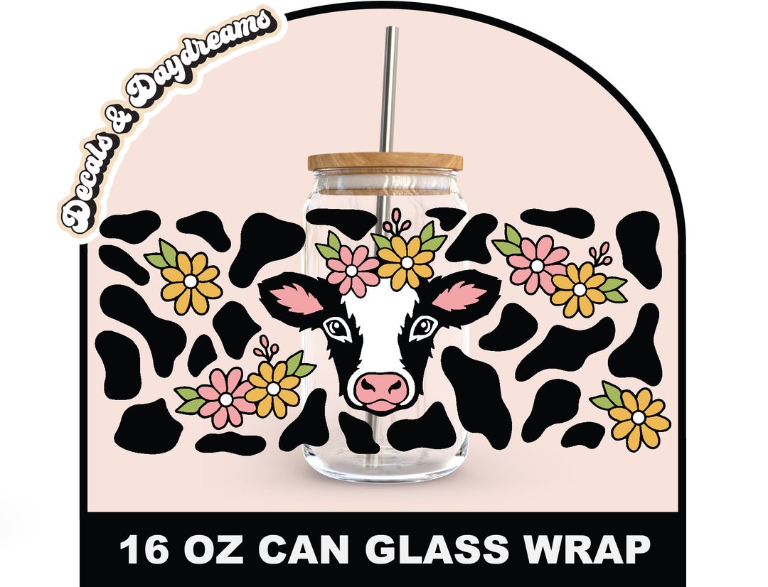 Daisy Cow Coffee Glass Wrap Svg, 16oz Libbey Full Wrap Svg, Flower Cow ...