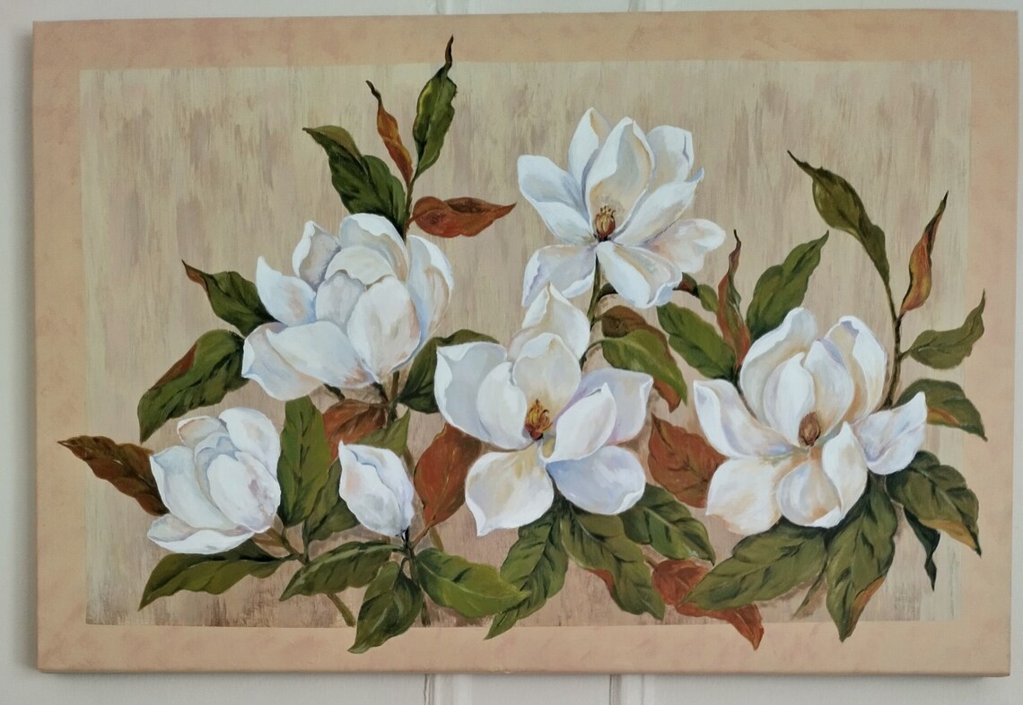 Acrylic Art Painting on Canvas. Flowers Magnolia 35x23 Inches - Etsy