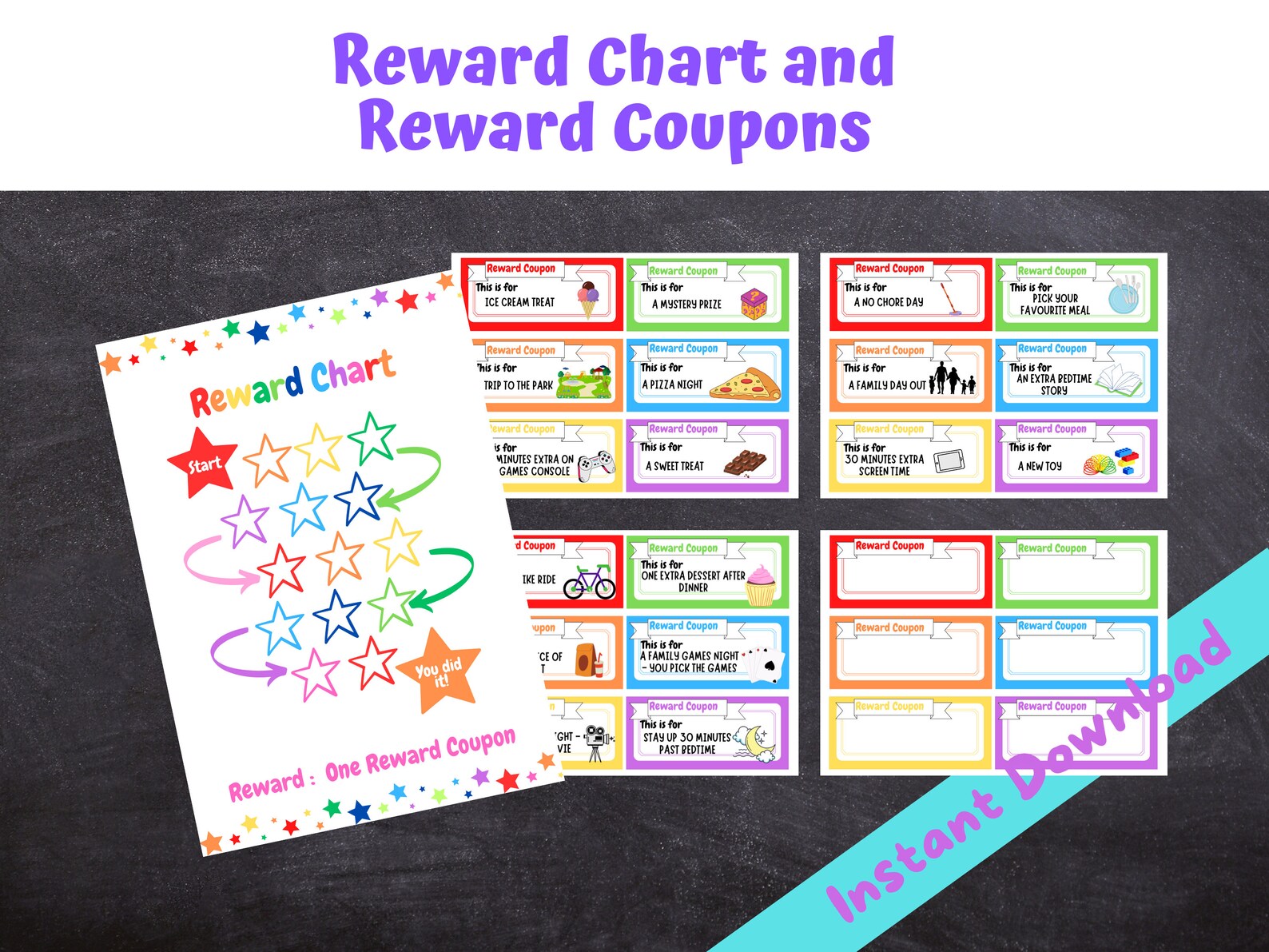 Kids Reward Chart and Reward Coupons, INSTANT DOWNLOAD - Print at Home ...