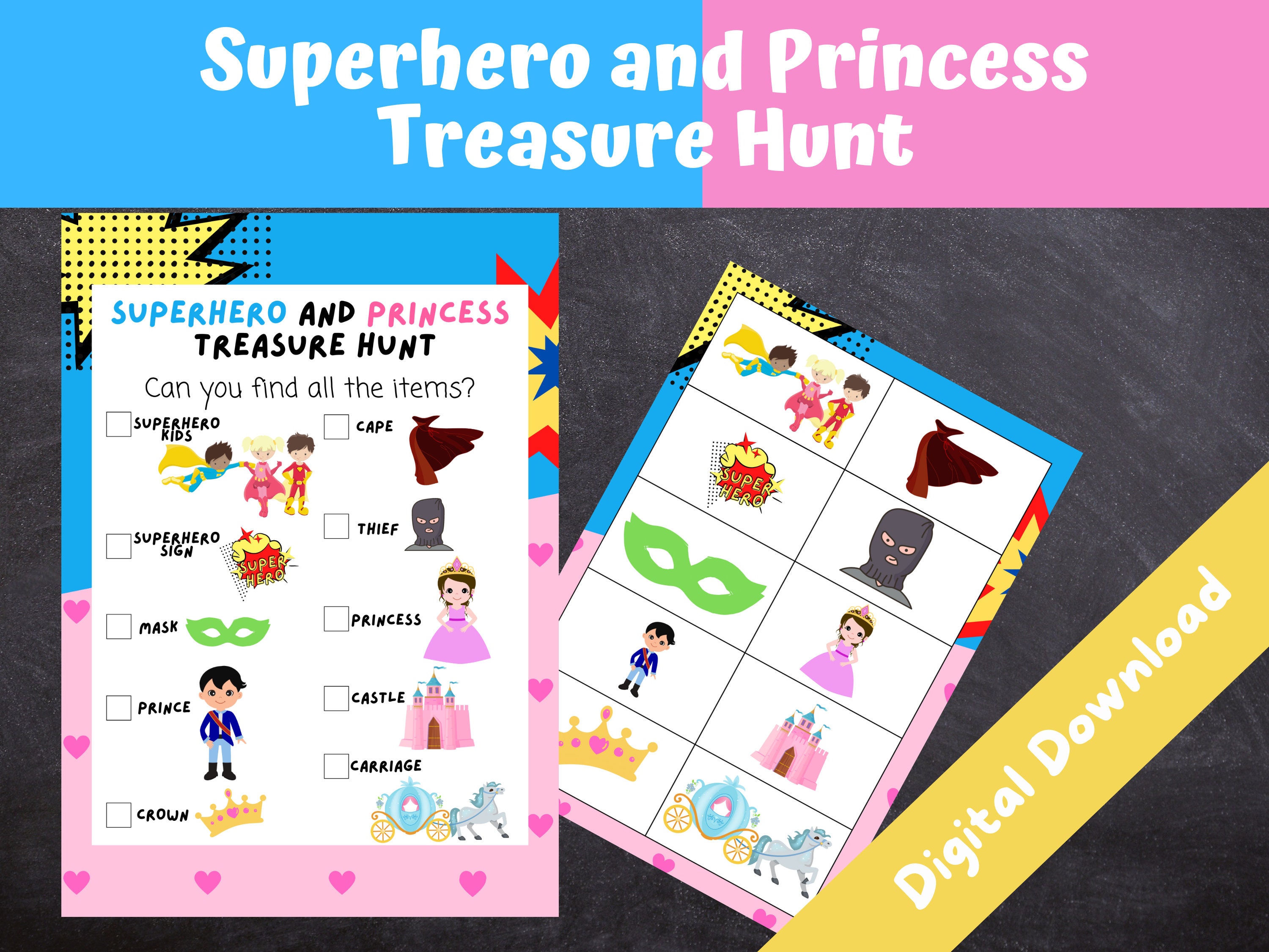 Superhero and Princess Treasure Hunt: Kids Birthday Party Game (digital ...