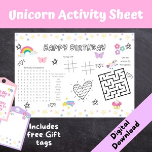 Unicorn Birthday Party Activity Sheet: Printable Games (digital ...