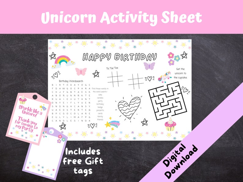 Unicorn Birthday Party Activity Sheet: Printable Games (digital ...