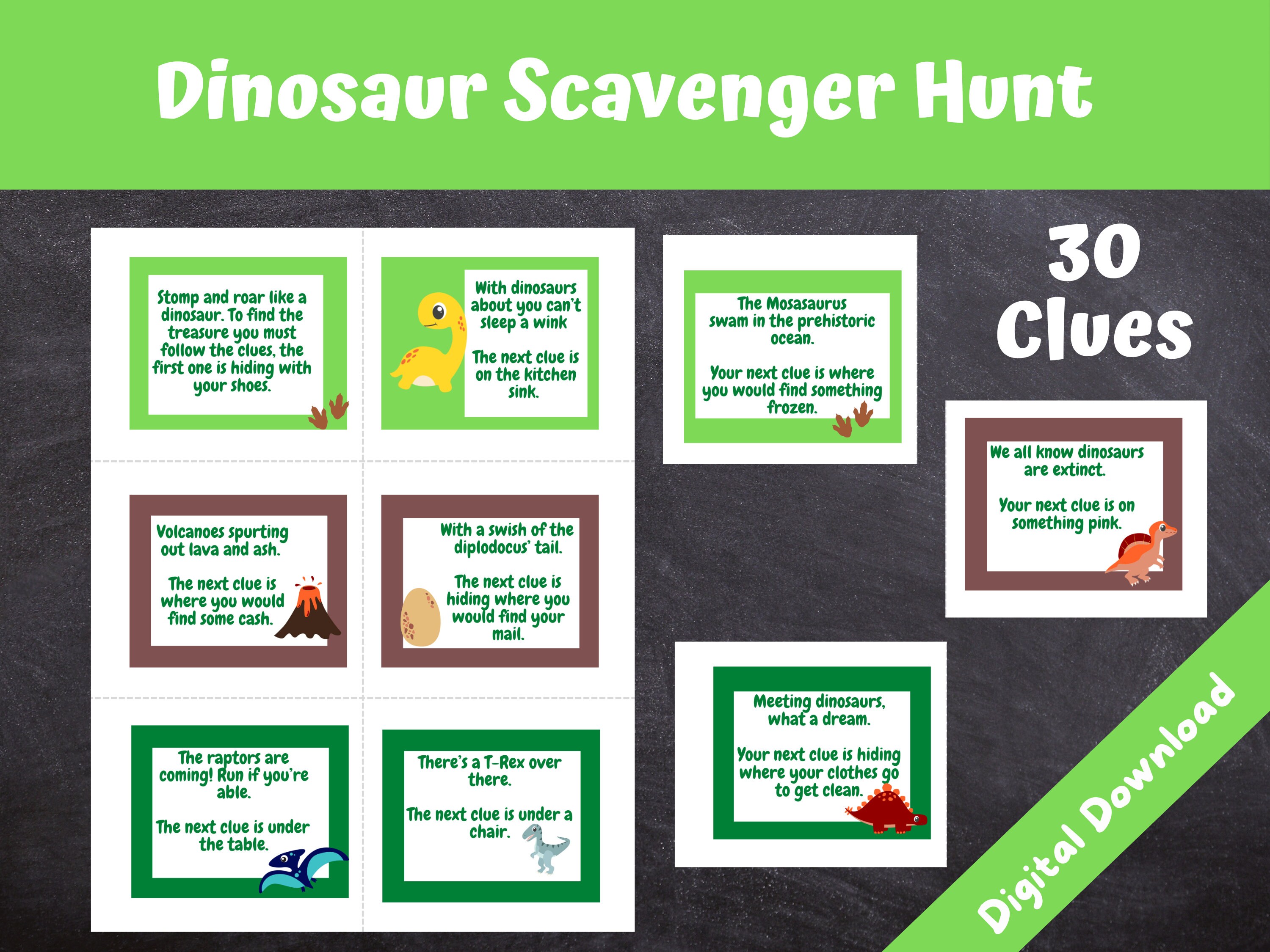 Dinosaur Scavenger Hunt, Indoor and Outdoor Clues, Kids Party Game ...