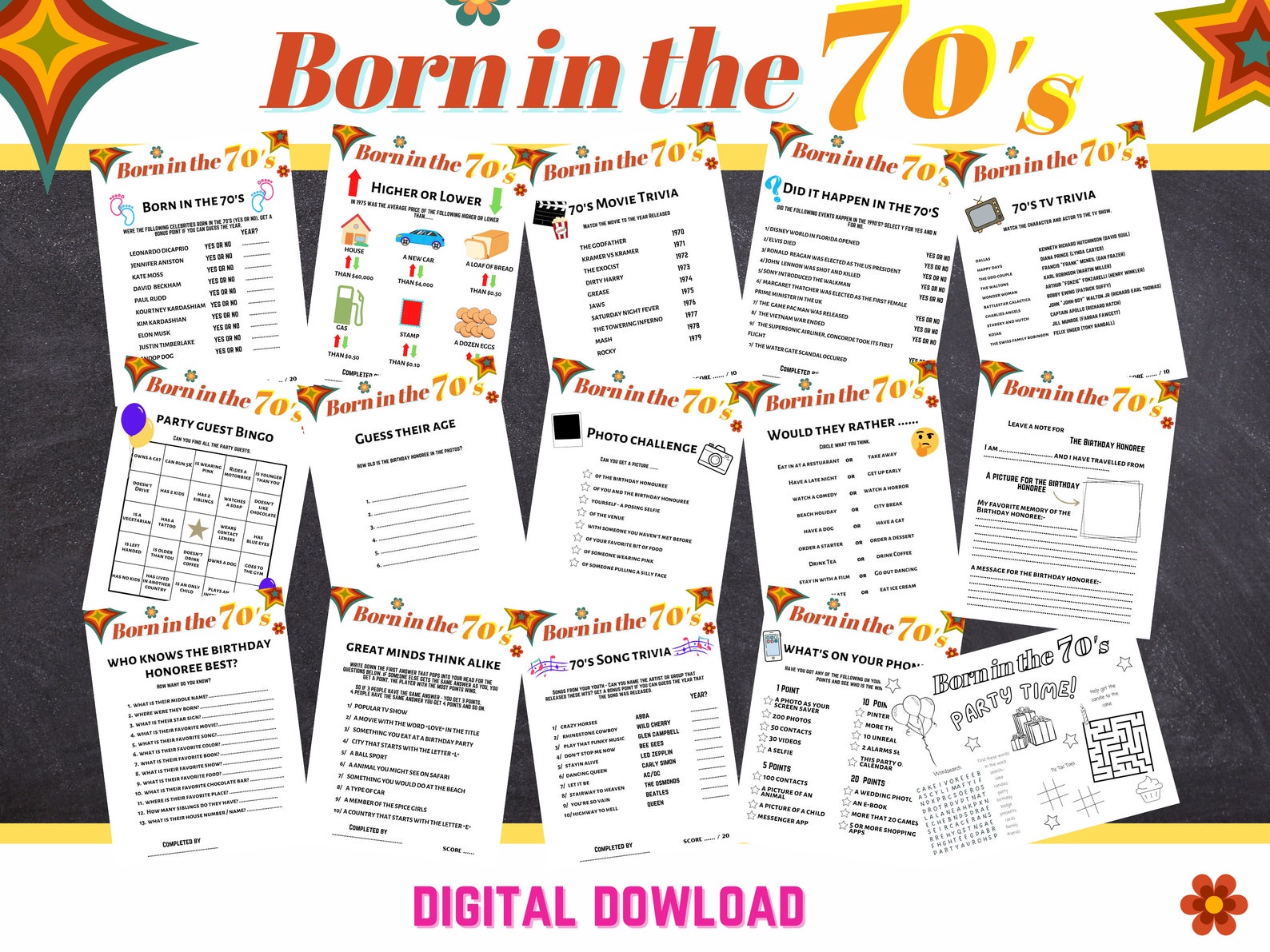 Born in the 70s Birthday Party Games, Seventies Quiz, 70s Trivia, Music ...