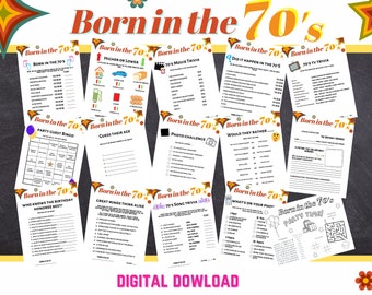 Birthday Party Games Born in the 70s Bundle Printable Birthday Games 70s Trivia 70s Quiz ...