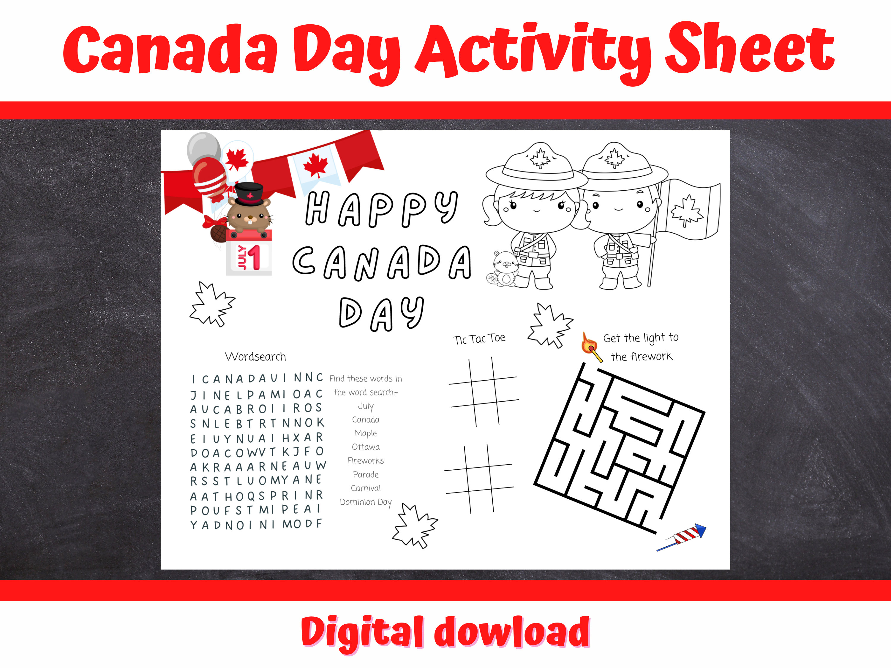 Canada Day Activity Sheet: Kids Coloring & Word Search (digital ...