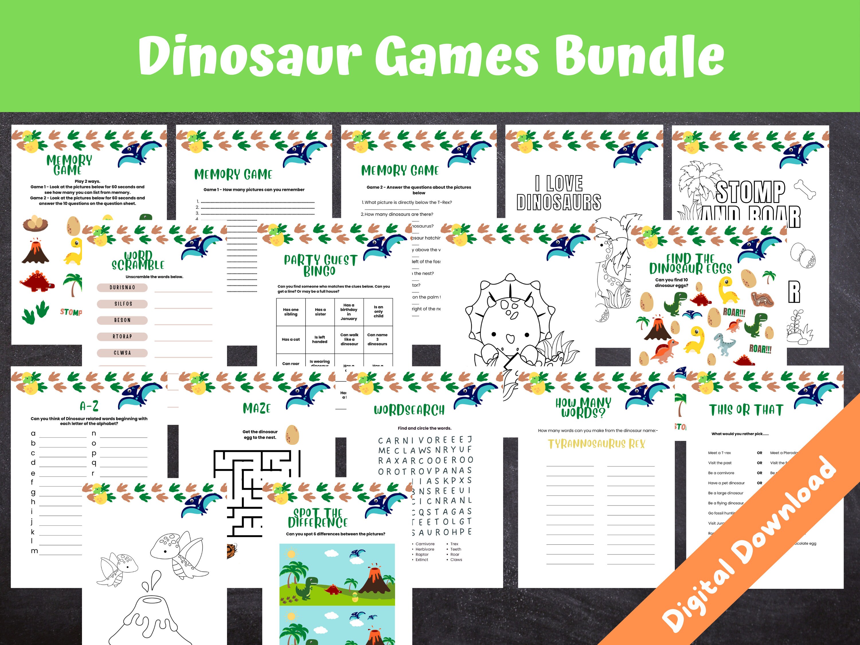 Dinosaur Party Games Bundle, Kids Party Games, Dinosaur Activity Pack ...