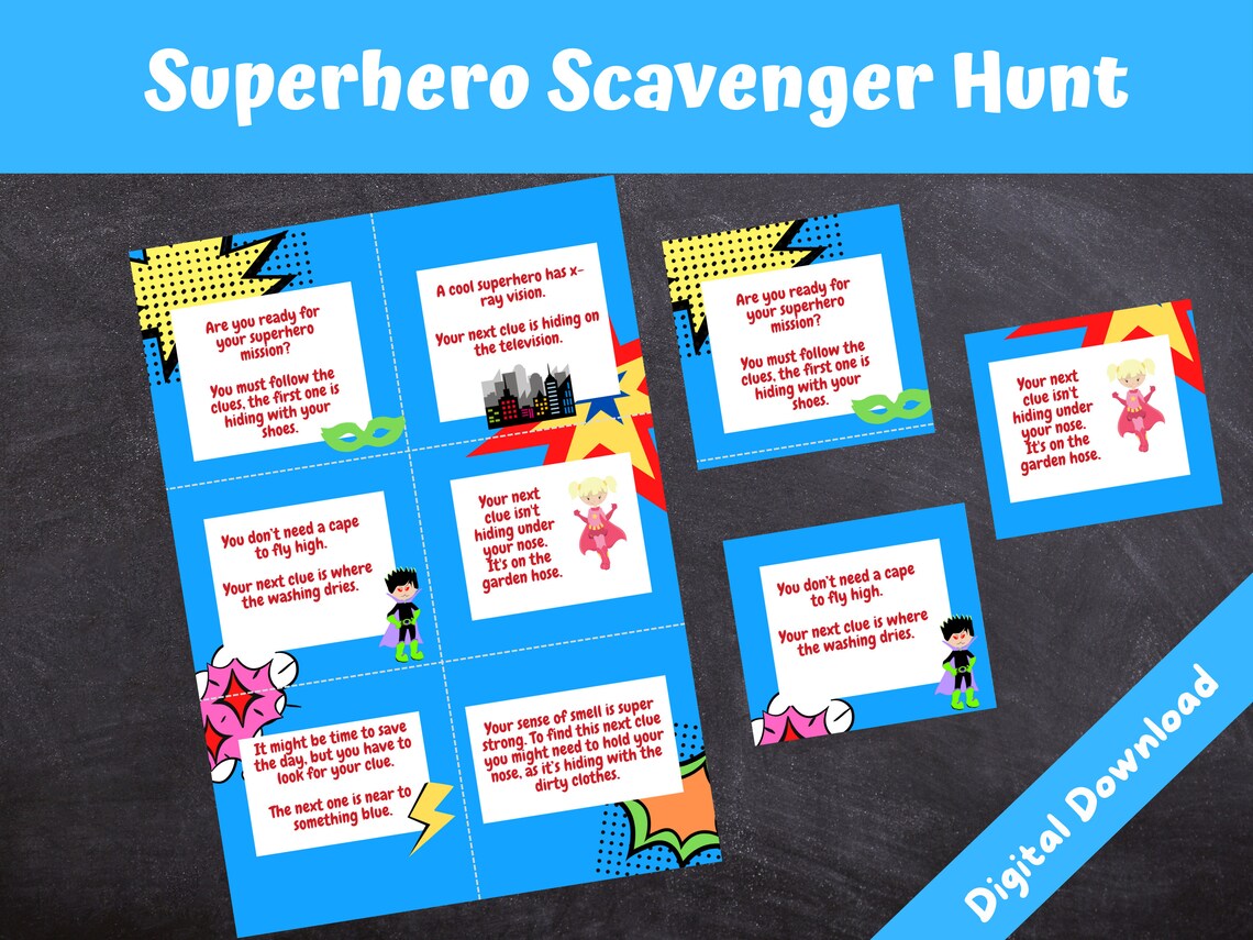 Superhero Scavenger Hunt Kids Birthday Party Games Superhero Treasure ...