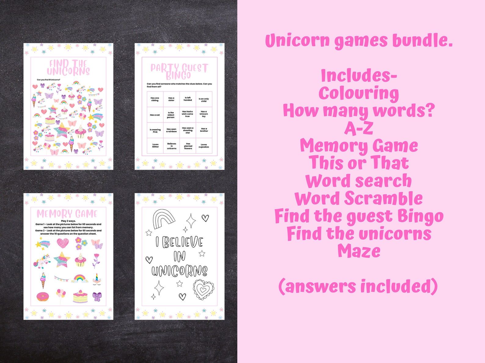 Unicorn Party Games Bundle, Kids Birthday Games, Unicorn Themed Party ...