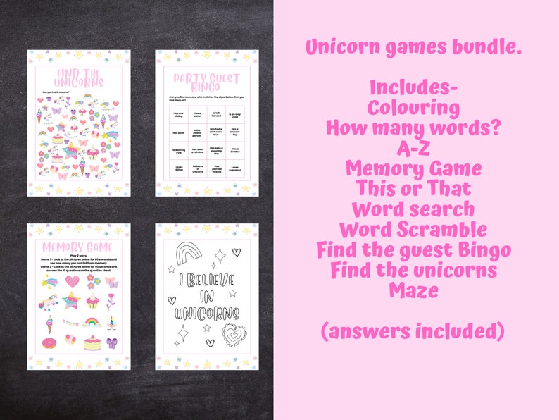 Unicorn Party Games Bundle: Kids Birthday Activity Sheets (digital ...