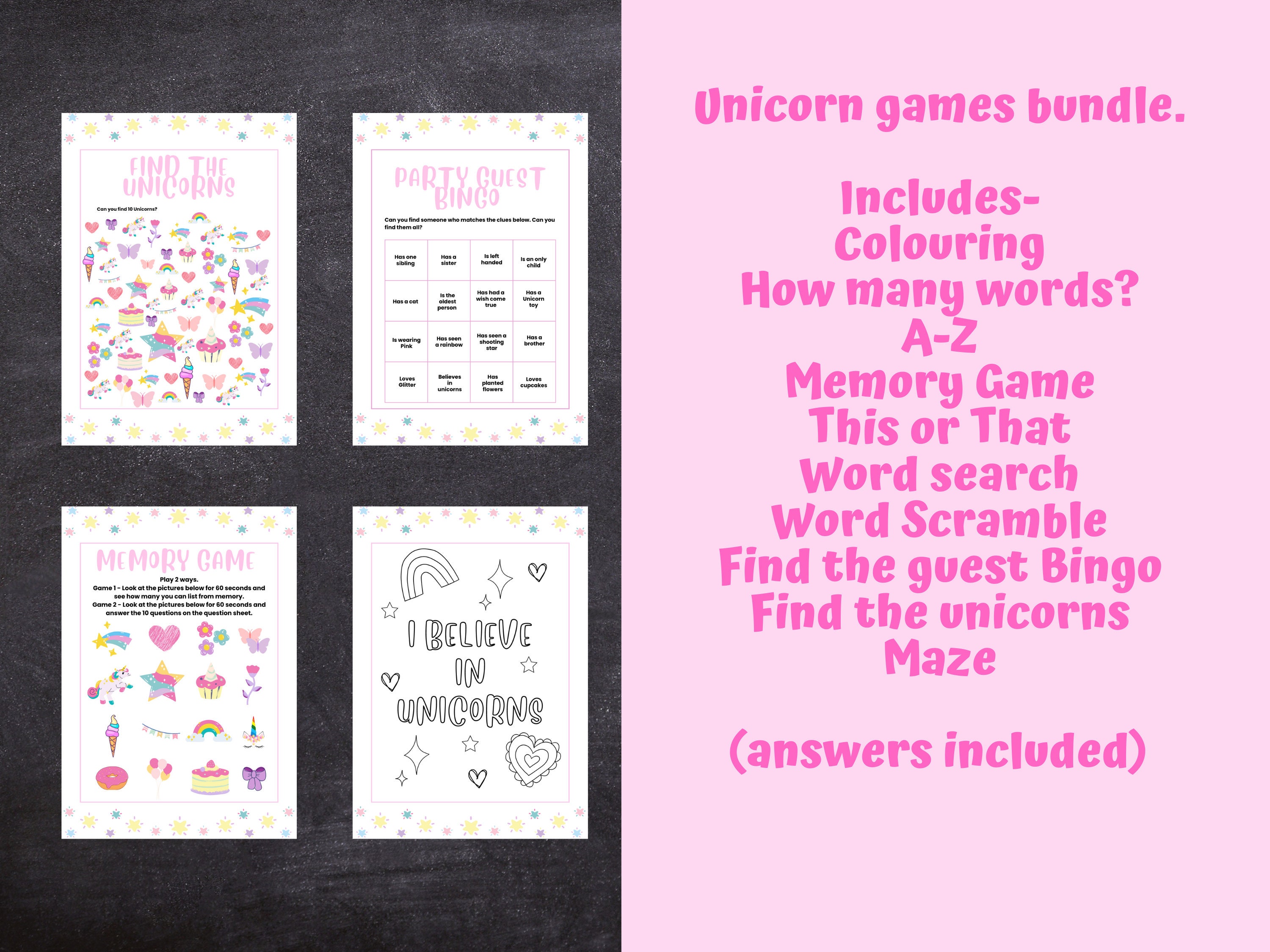 Unicorn Party Games Bundle: Kids Birthday Activity Sheets (digital ...