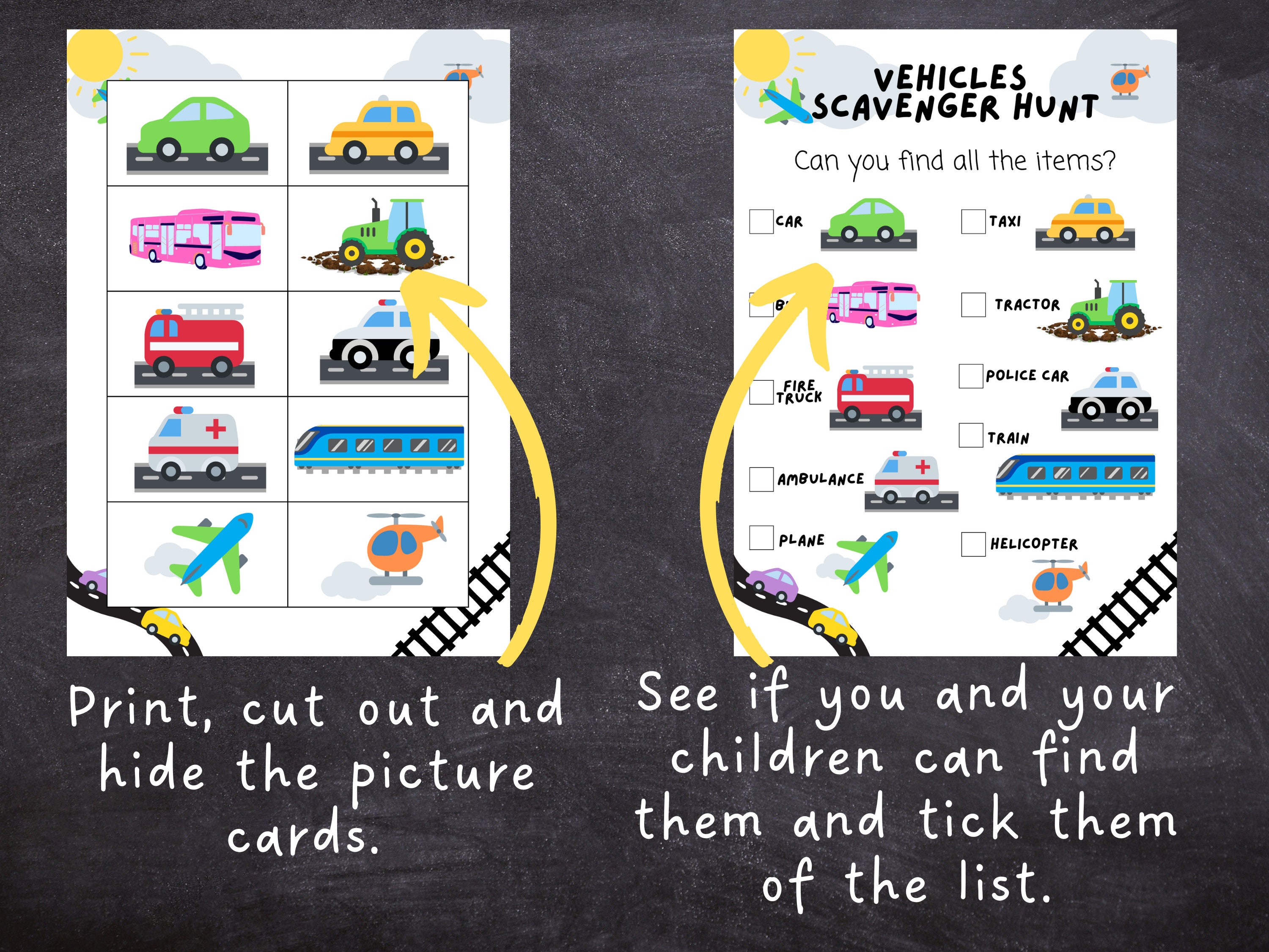 Vehicles Scavenger Hunt, Kids Birthday Party Games, Transport Scavenger ...