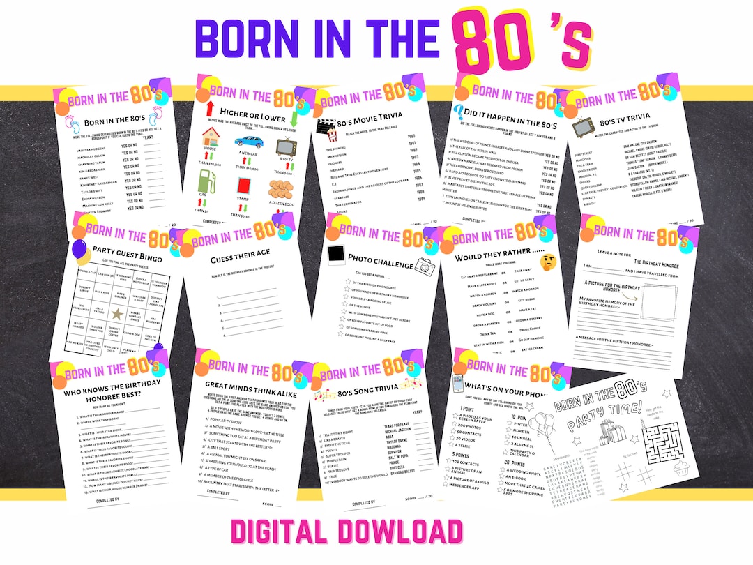 Born in the 80s Birthday Party Games, Eighties Quiz, 80s Trivia Game ...