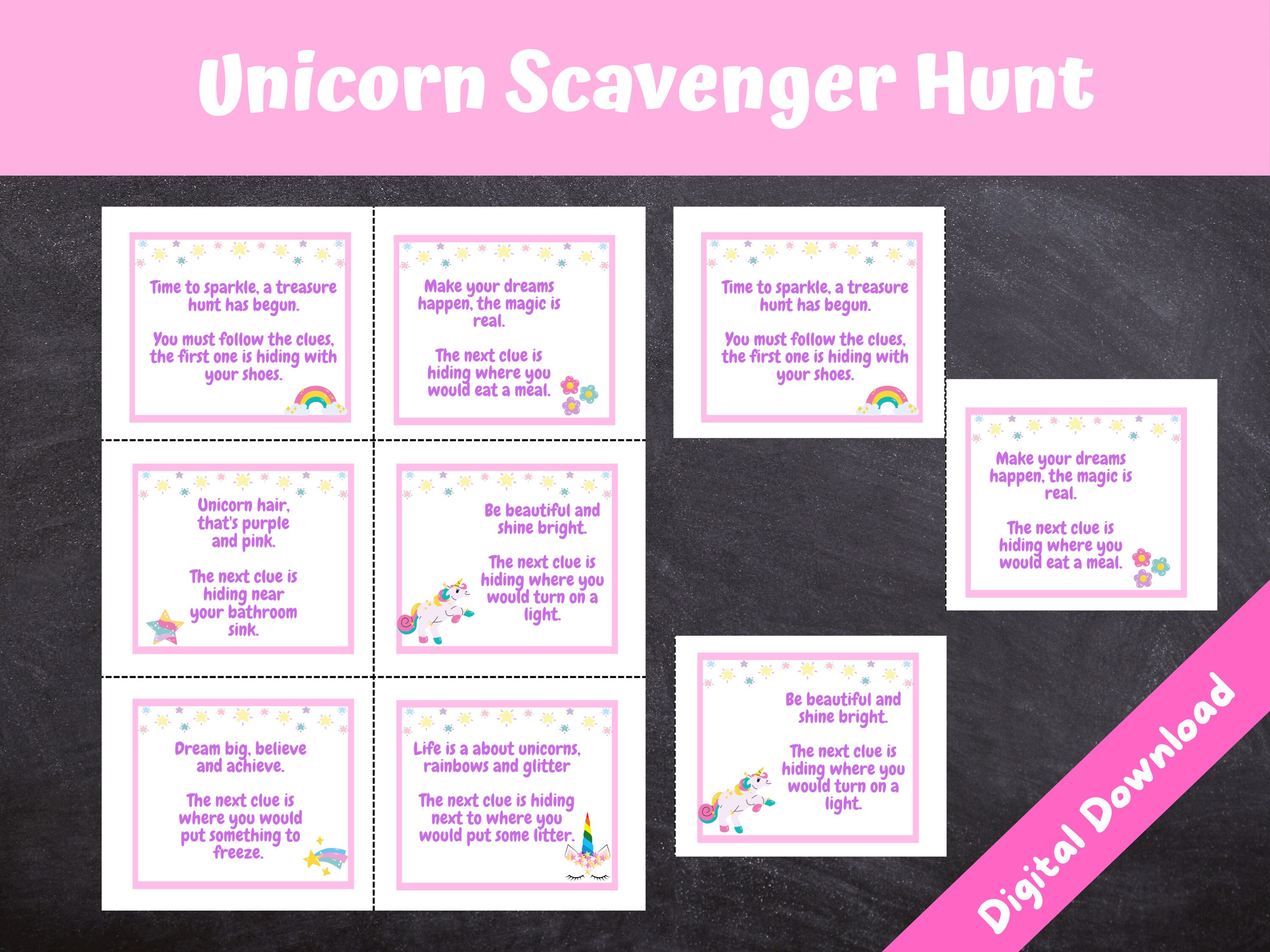 Unicorn Scavenger Hunt, Indoor and Outdoor Clues, Kids Party Game ...