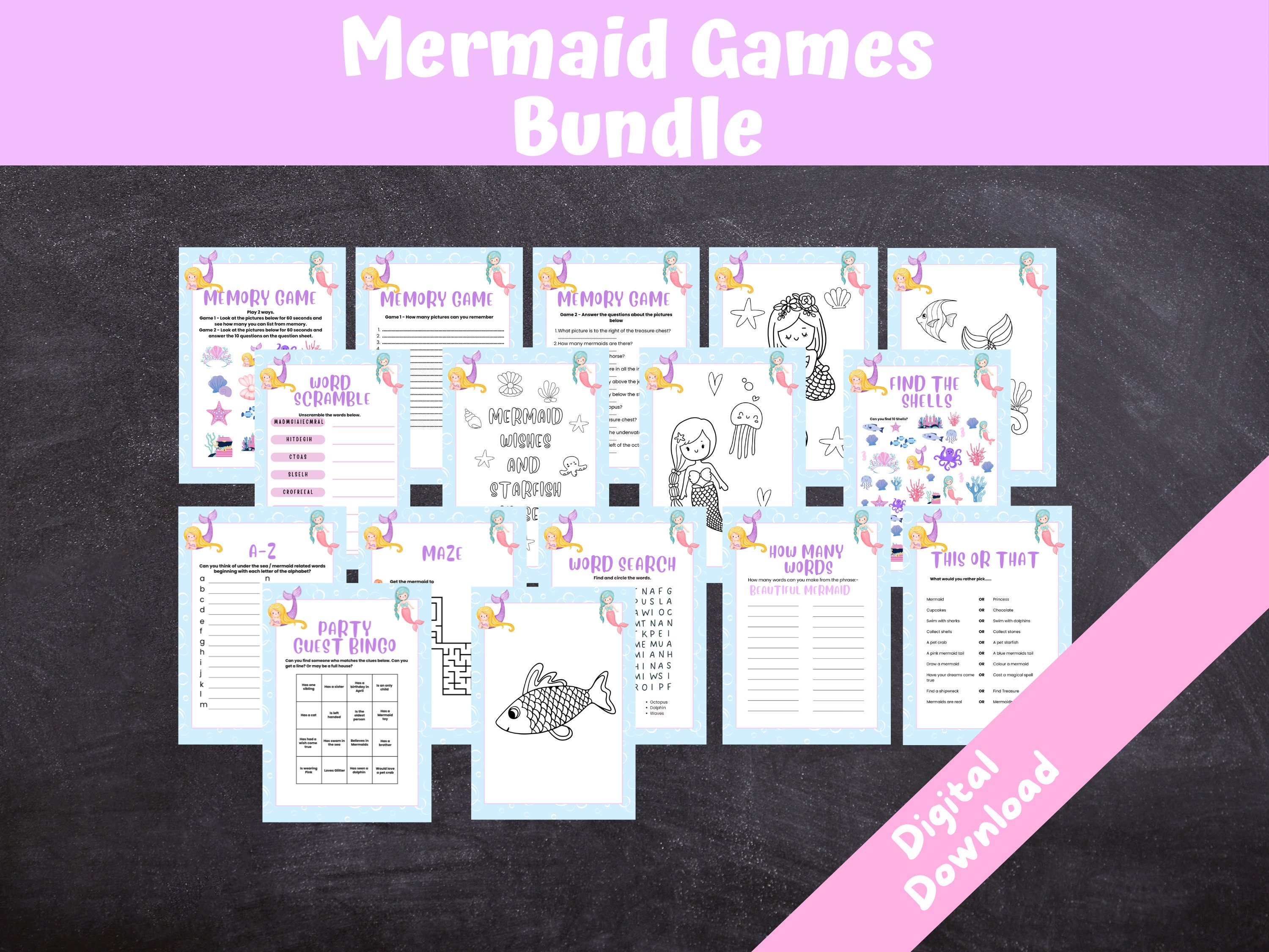 Mermaid Party Games Bundle: Kids Birthday Activity Pack (digital ...