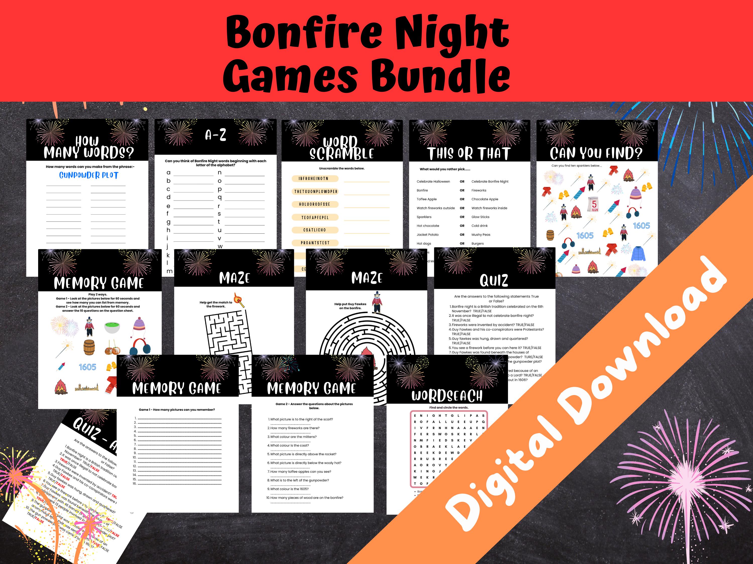 Bonfire Night Games Bundle, Bonfire Night Activities for Adults & Kids ...
