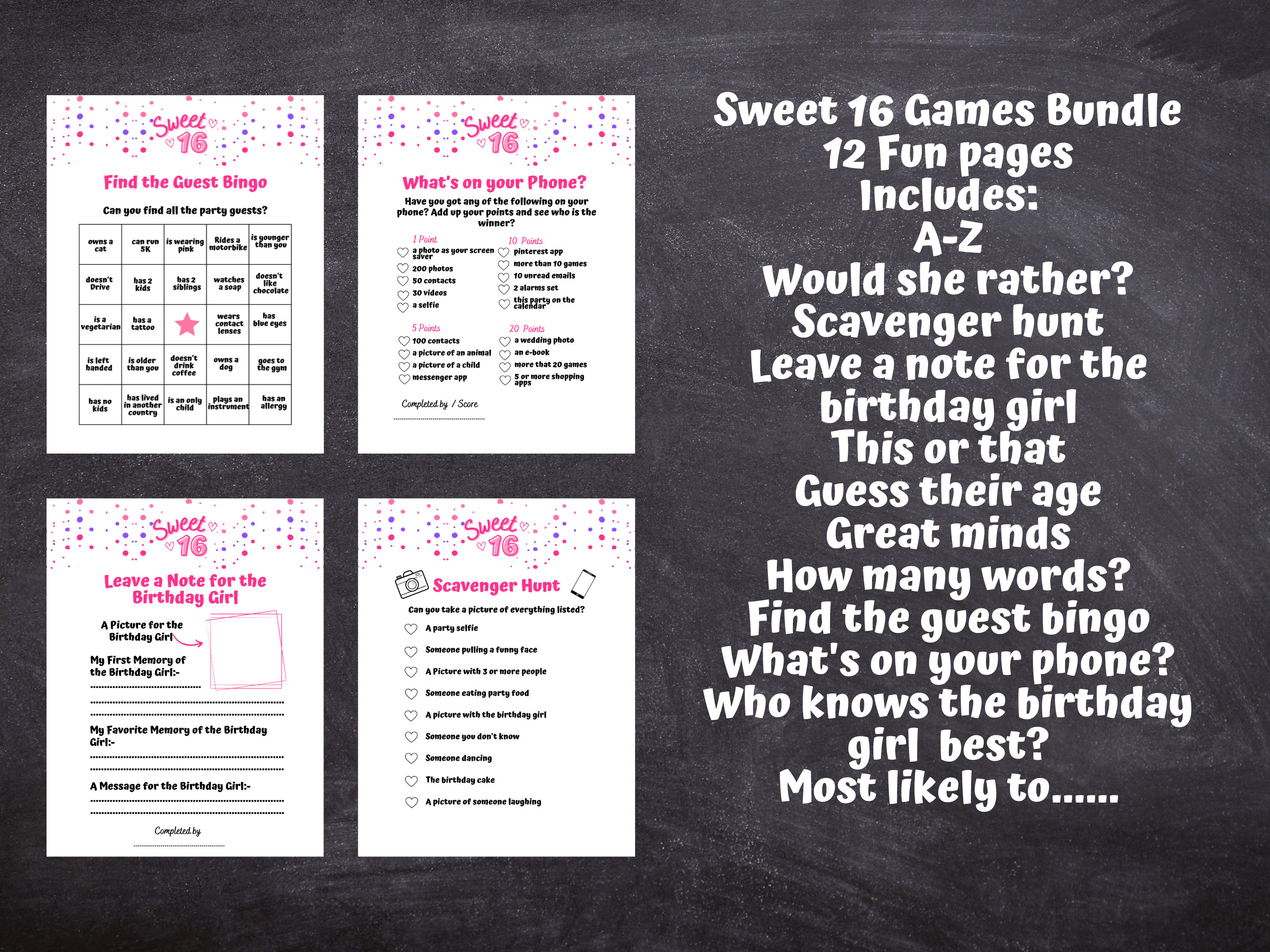 Sweet 16 Birthday Party Games Bundle (digital Download) - Etsy
