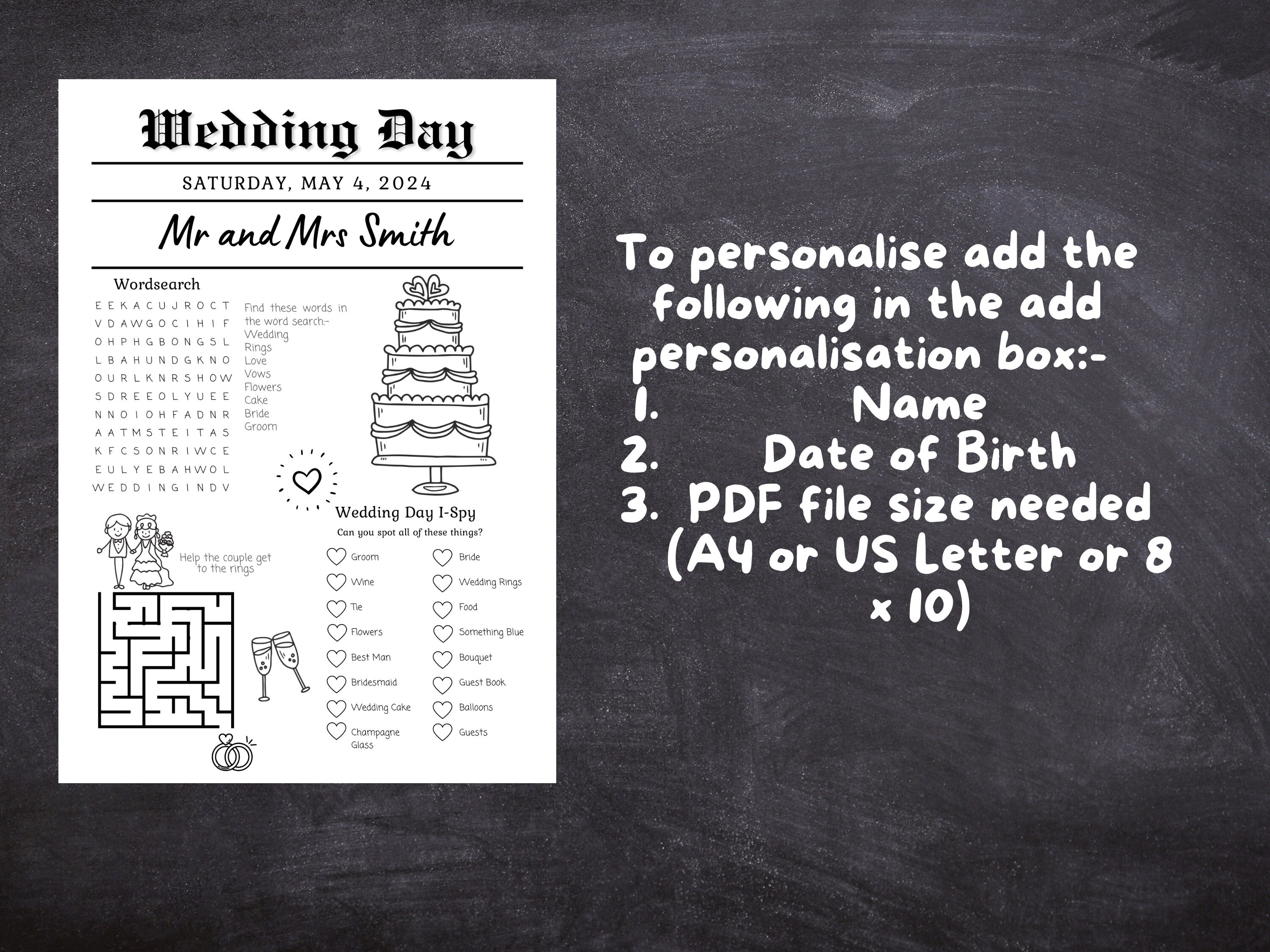 Personalized Wedding Activity Sheet: Kids Newspaper Games (digital ...
