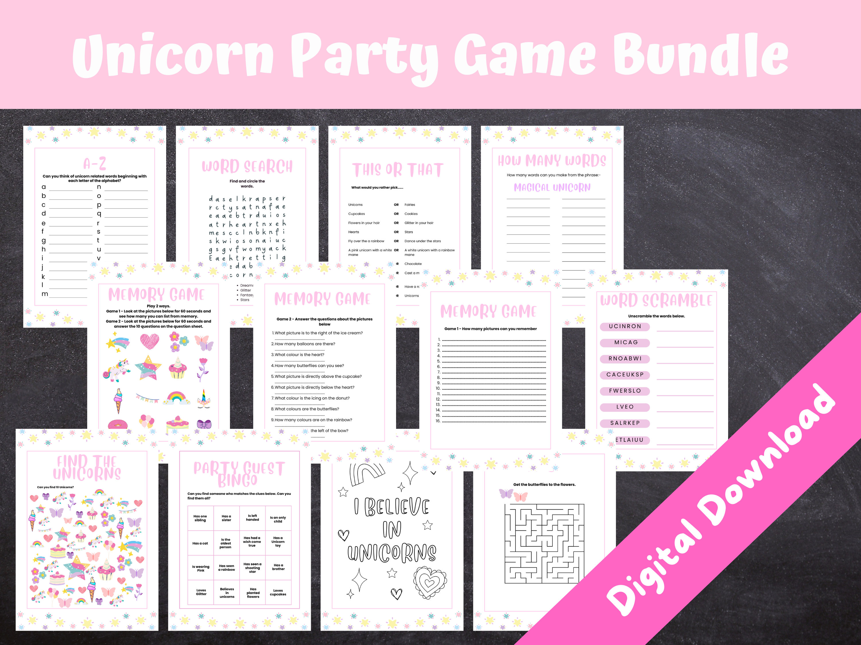 Unicorn Party Games Bundle: Kids Birthday Activity Sheets (digital ...
