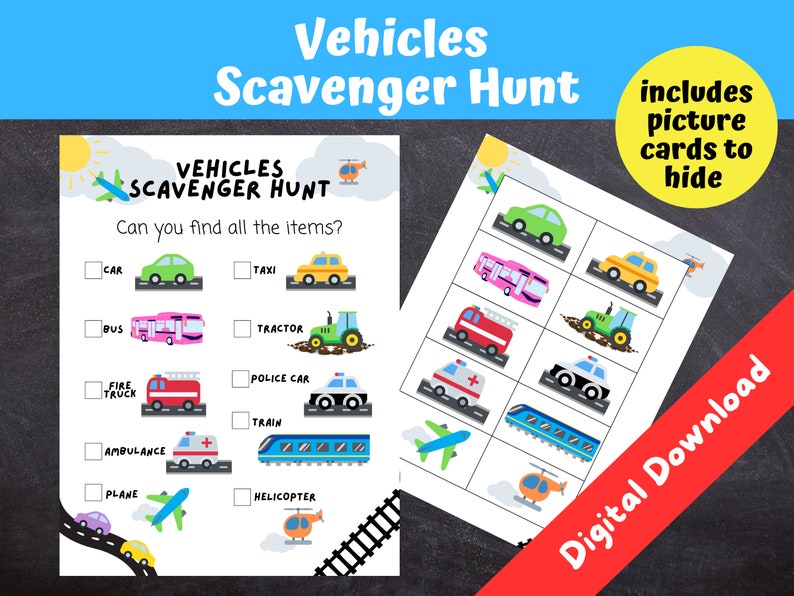 Vehicles Scavenger Hunt, Kids Birthday Party Games, Transport Scavenger ...