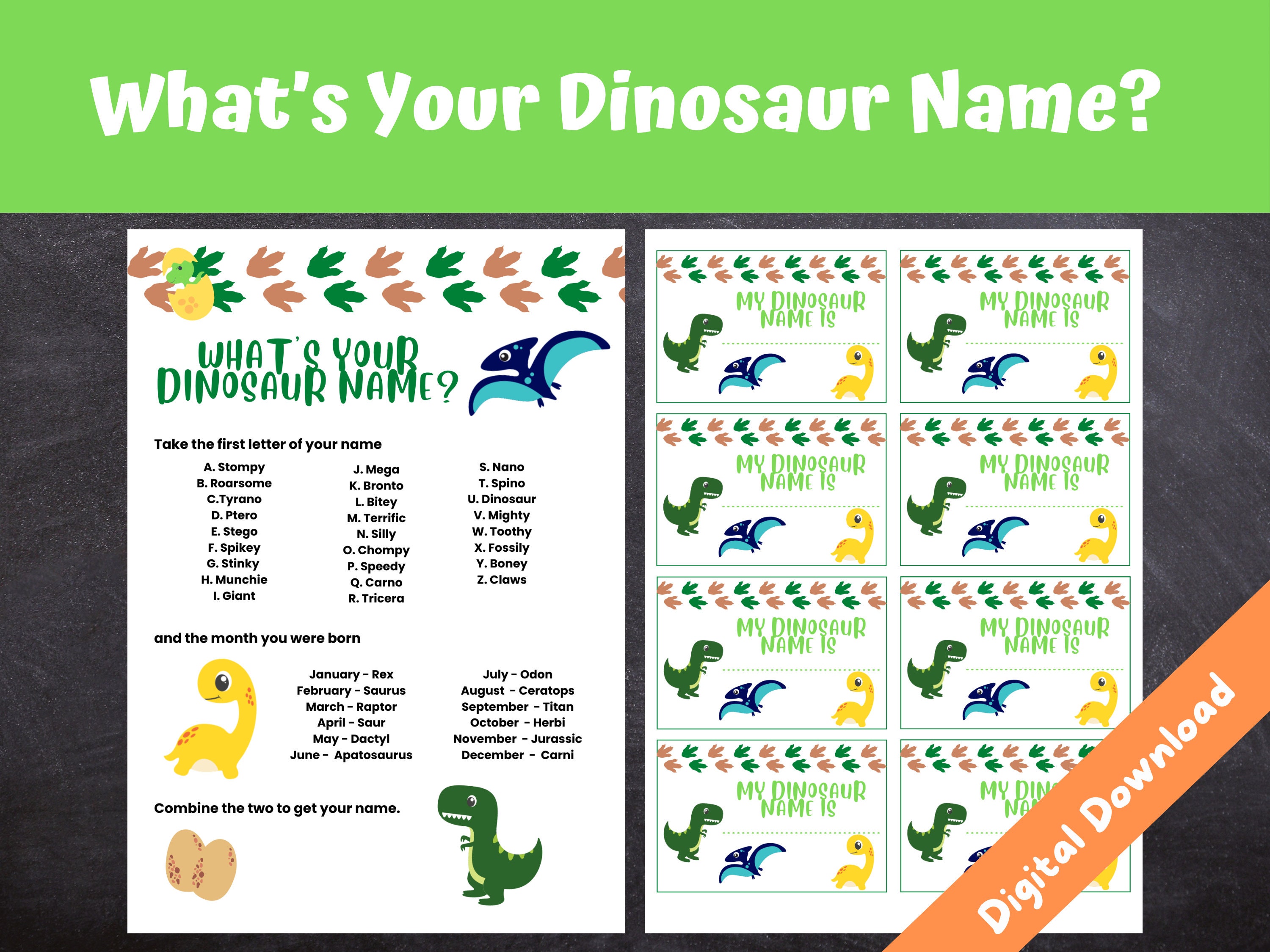 Whats Your Dinosaur Name, Dino Party Game, Kids Birthday, DIY Printable ...
