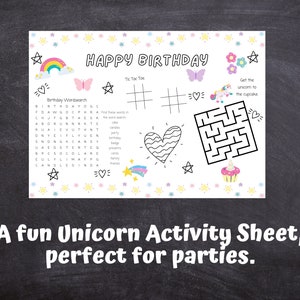 Unicorn Birthday Party Activity Sheet: Printable Games (digital ...